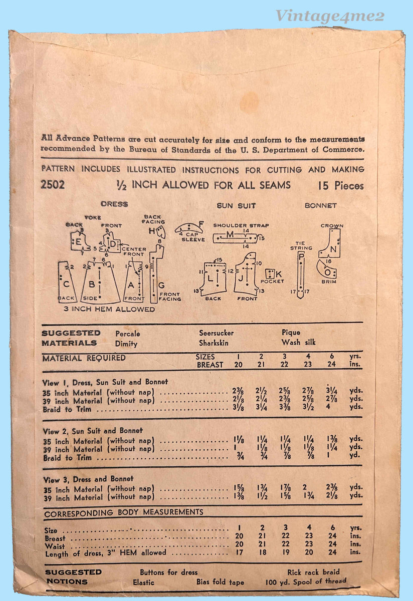 1940s Vintage Advance Sewing Pattern 2502 Cute Toddler Girls WWII Suns – Vintage4me2