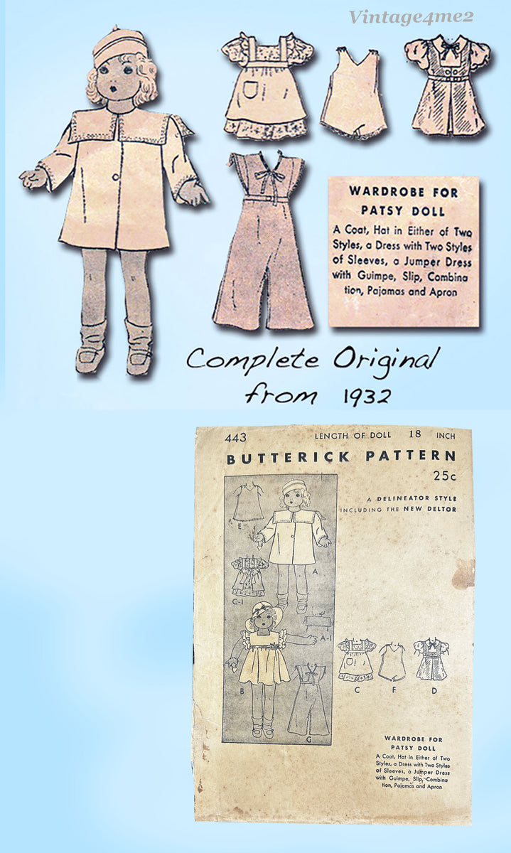 1930s Original Butterick Vintage Pattern 443 18in Patsy Doll Clothes ...