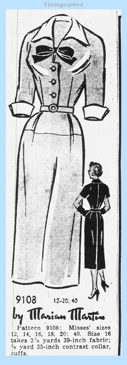 1940s Original Vintage Marian Martin Pattern 9237 Misses Dress Sz 34 B ...