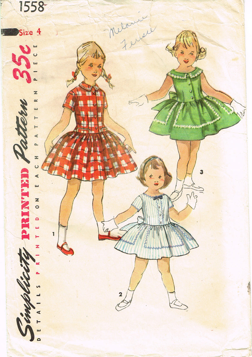Simplicity 1558: 1950s Sweet Toddler Girls Dress Size 4 Vintage Sewing ...
