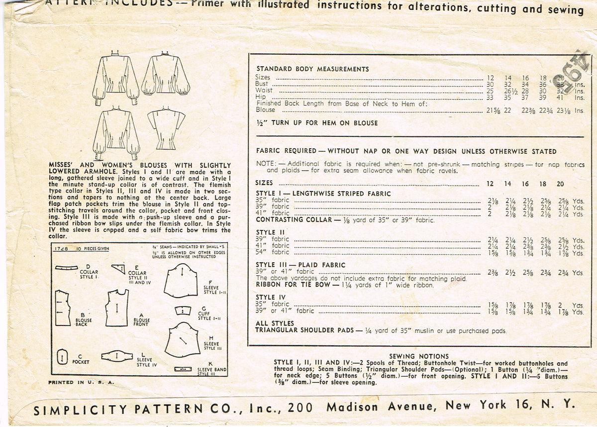 Simplicity 1728: 1940s Cute Post WWII Misses Blouse Vintage Sewing Pat ...