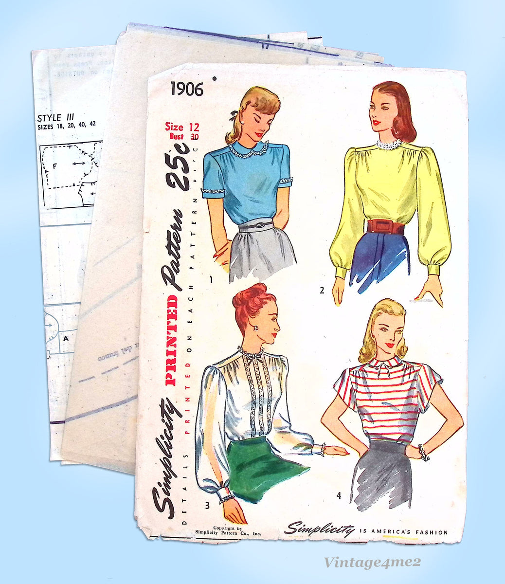 Simplicity 1906: 1940s Misses Post WWII Blouse Vintage Sewing Pattern ...