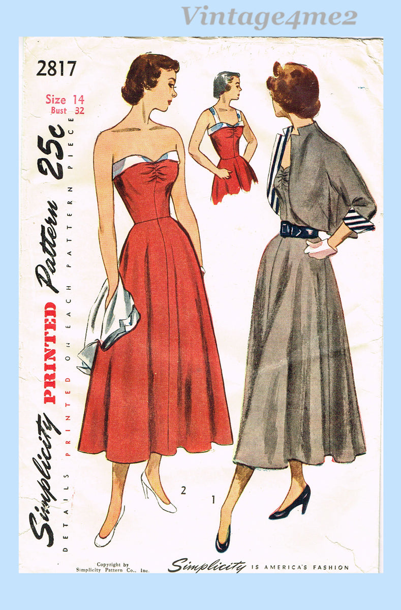 Simplicity 2817: 1940s Stunning Misses Strapless Dress Sz 32 B Vintage ...