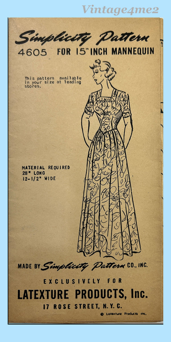 1940s Simplicity Sewing Pattern 4605 FF 15in Latexture Fashiondol Doll ...