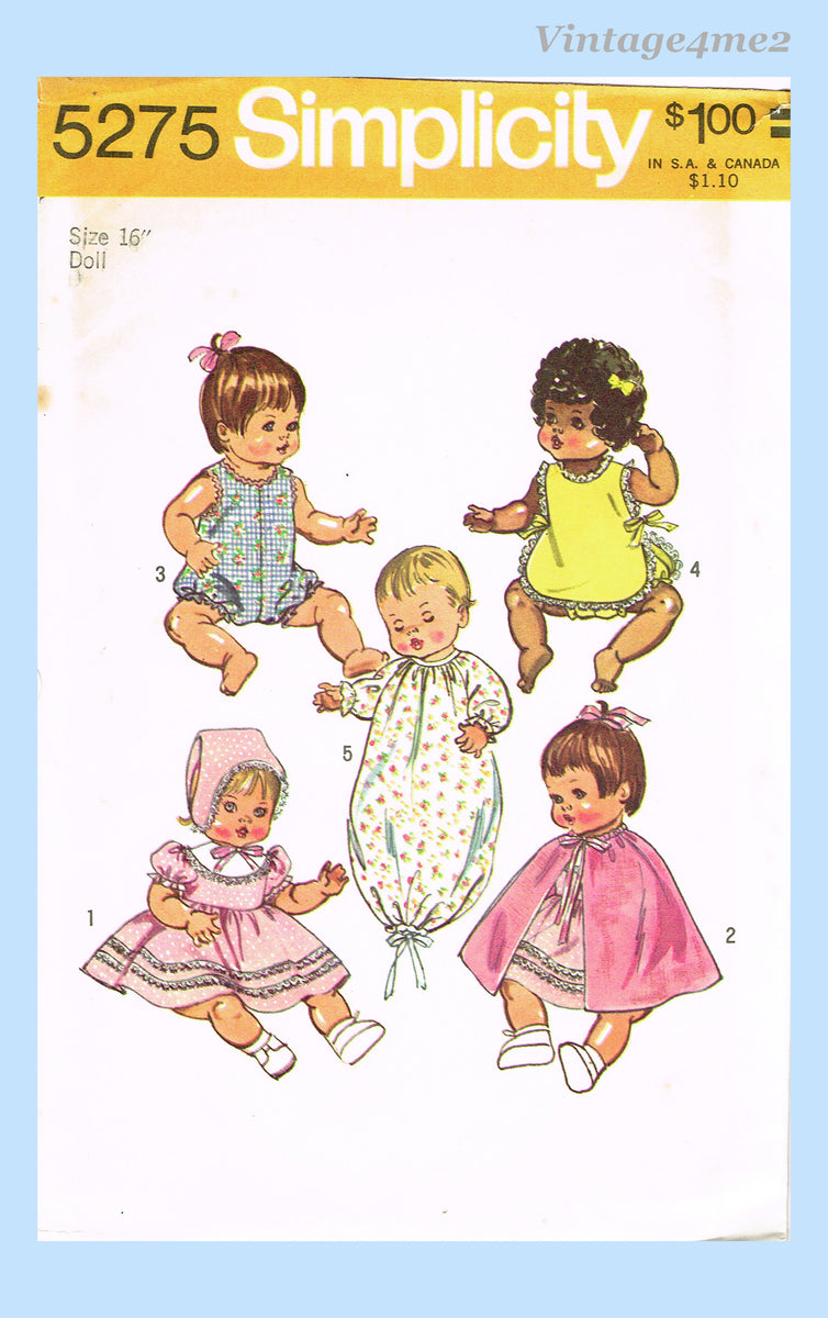 1970s Vintage Simplicity Sewing Pattern 5275 16 Inch Baby Doll Clothes ...