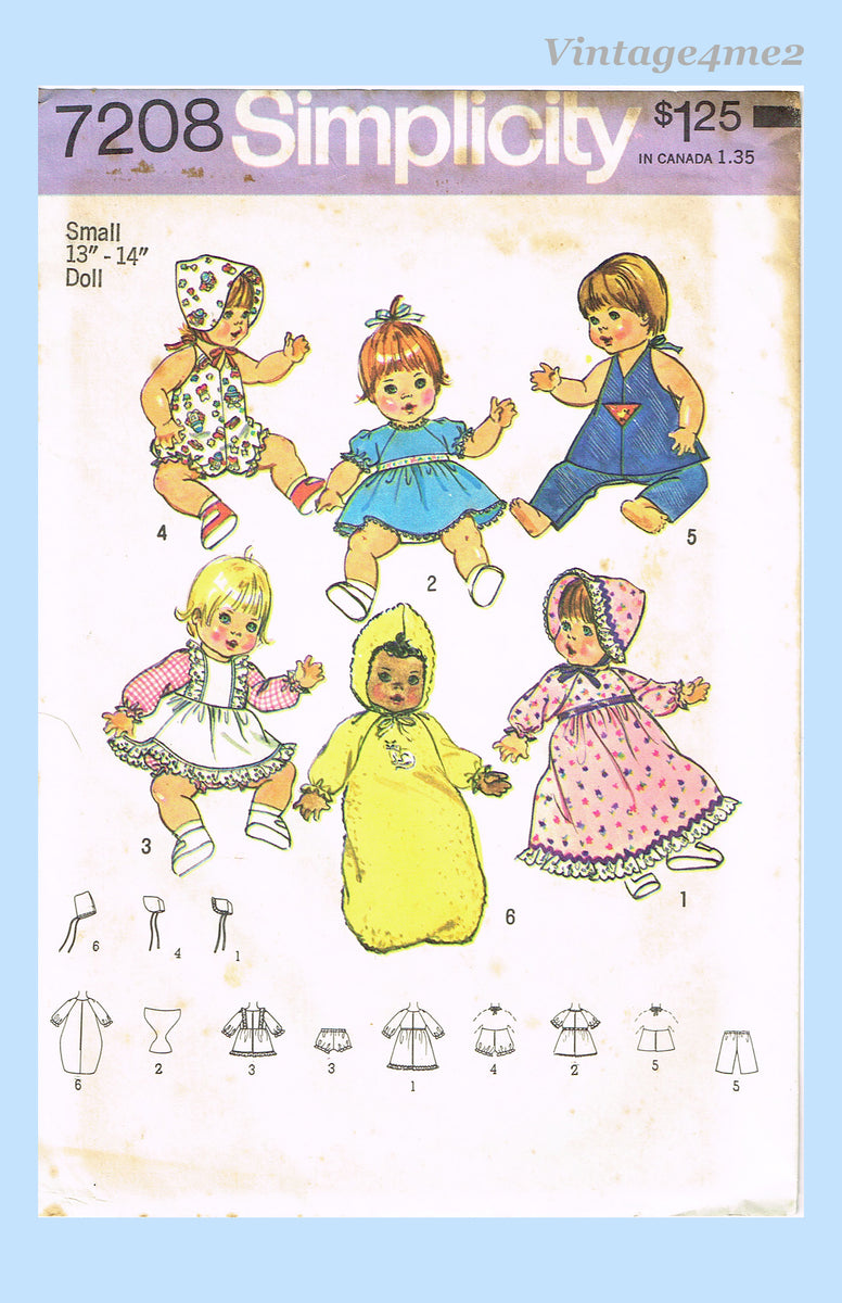 1970s VTG Simplicity Sewing Pattern 7208 FF 13-14in Baby Doll Clothes ...