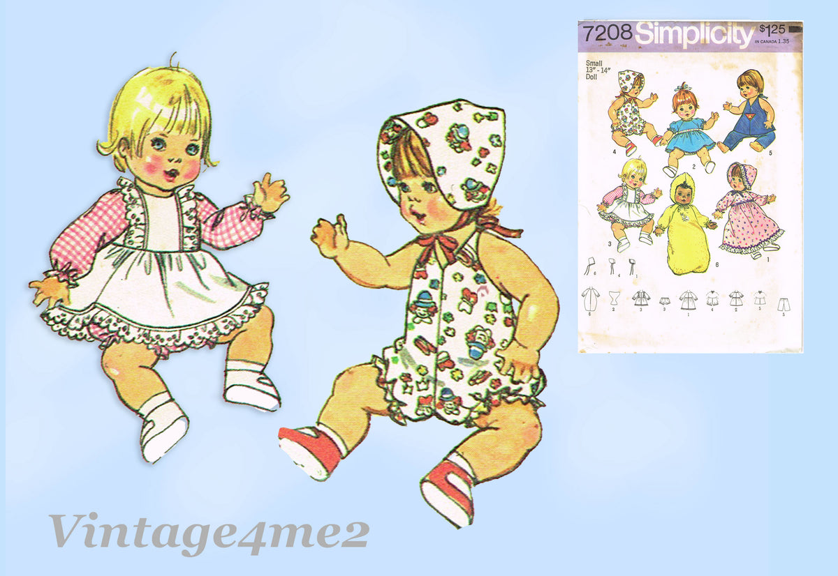 1970s VTG Simplicity Sewing Pattern 7208 FF 13-14in Baby Doll Clothes ...