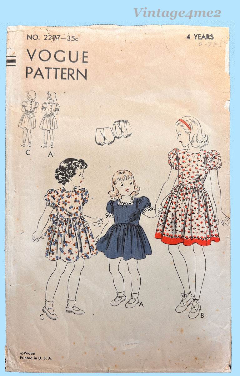 1940s Vintage Vogue Sewing Pattern 2297 Uncut Toddler Girls WWII Dress ...