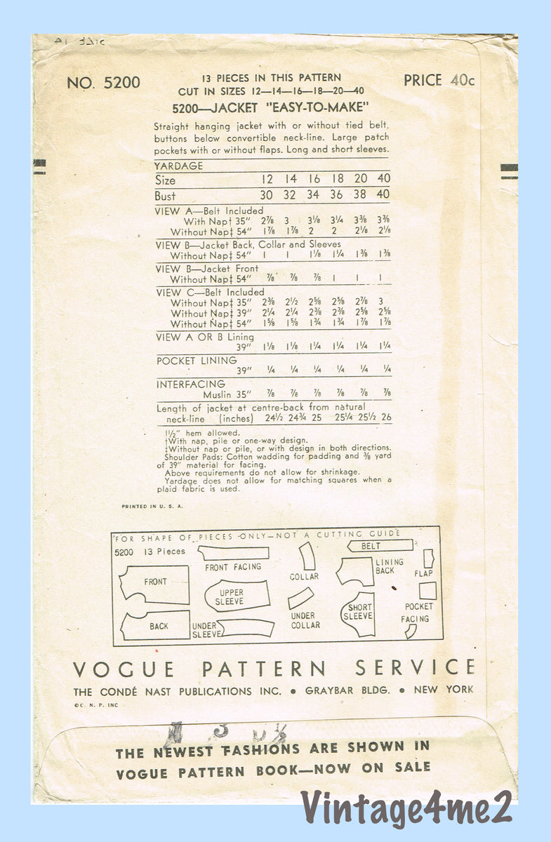Vogue 5200: 1940s Misses Boxy Coat or Jacket Sz 32B Vintage Sewing Pat ...