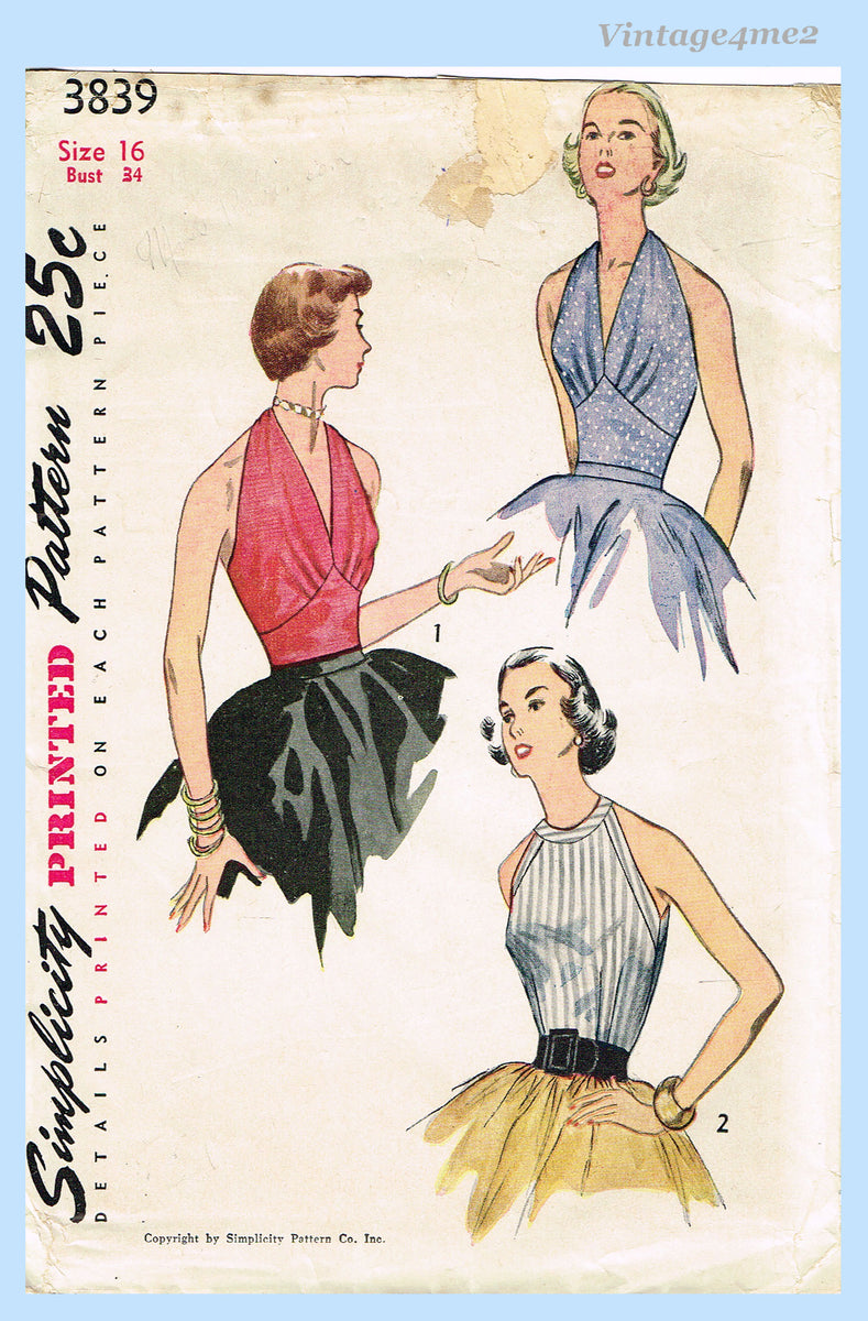 Simplicity 3839: 1950s Chic Uncut Misses Halter Top 34 B Vintage Sewin ...