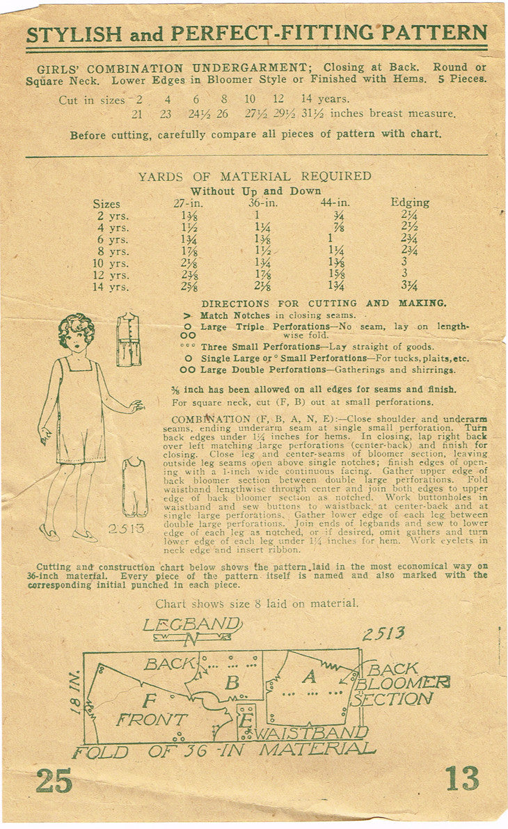 1920s Vintage Mail Order Sewing Pattern 2513 Uncut Toddler Girls Combi ...