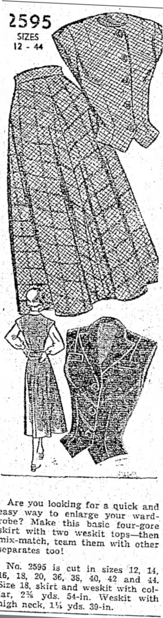 Fashion Service 2595: 1950s Misses Skirt & Weskit Vest 32B Vintage Sew ...