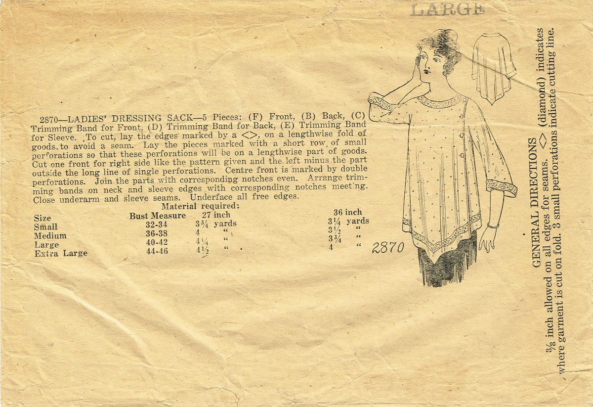 Mail Order 2870: 1920s Dressing Sack Sz 44-46 B Vintage Sewing Pattern ...