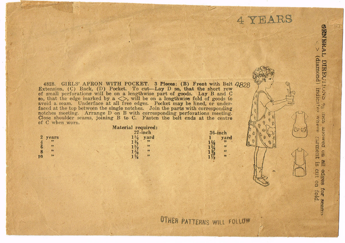 Mail Order 4828: 1920s Sweet Toddler Girls Apron Size 4 Vintage Sewing ...