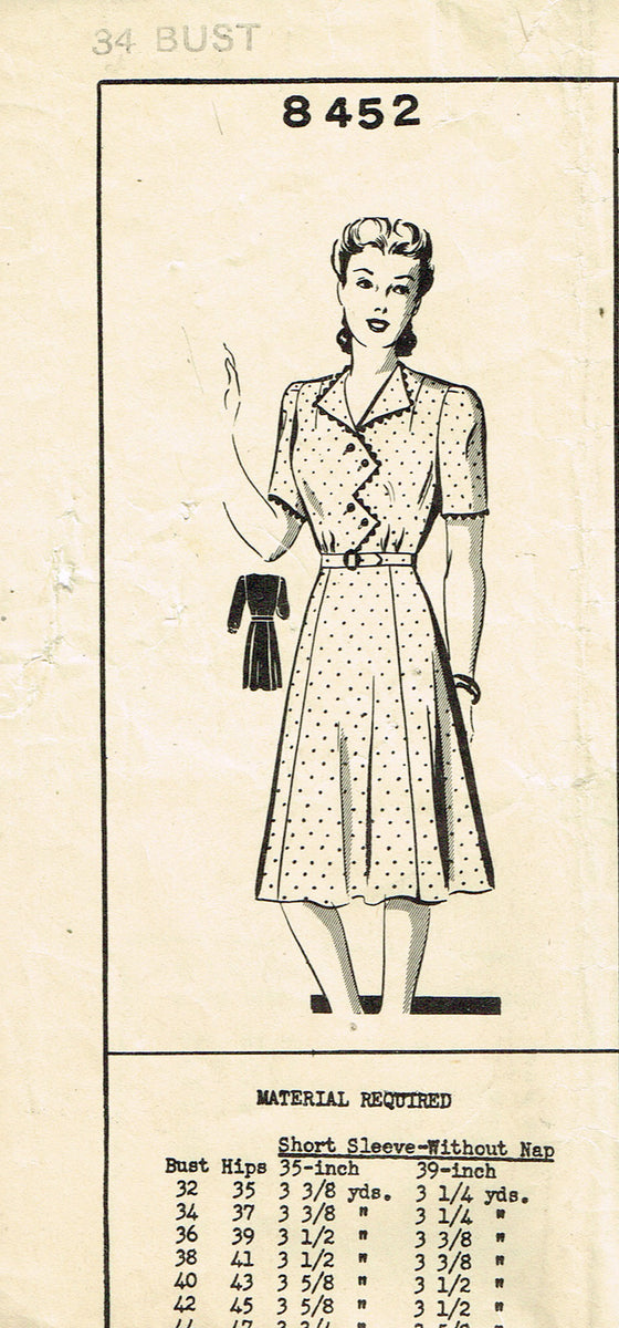 1940s Original Vintage Mail Order Pattern 8452 Misses WWII Dress 34 B ...