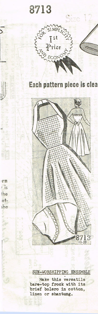 1950s Vintage Mail Order Sewing Pattern 8713 Misses Halter Sun Dress S ...