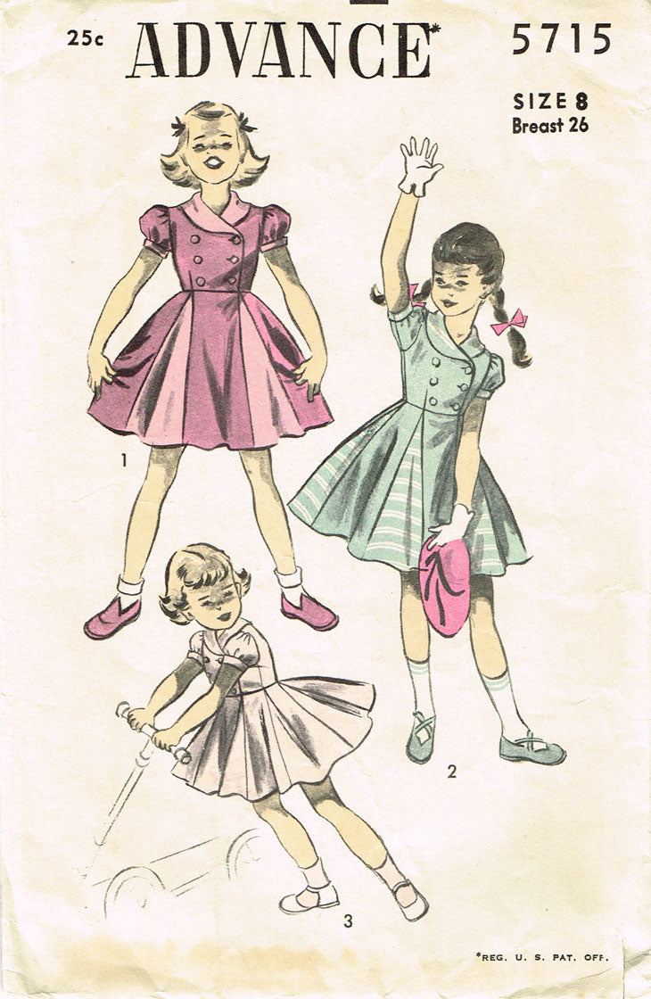 1950s Vintage Advance Sewing Pattern 5715 Cute Little Girls Dress Sz 8 ...