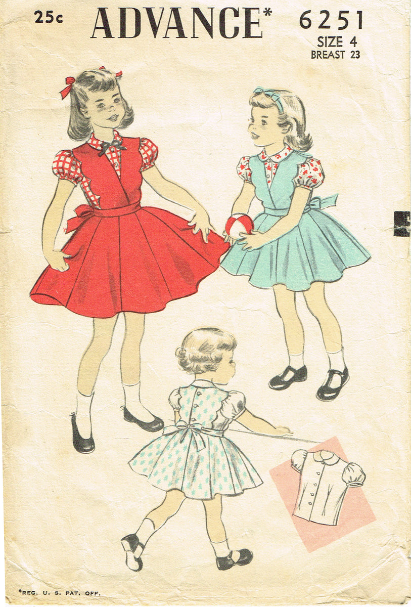 1950s Vintage Advance Sewing Pattern 6251 Little Girls Jumper Dress 4 ...