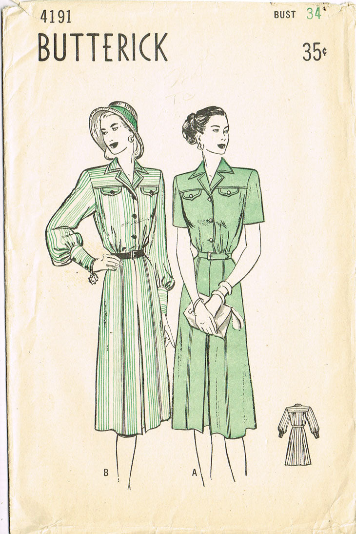 1940s Vintage Butterick Sewing Pattern 4191 Misses Shirtwaist Dress 16 ...