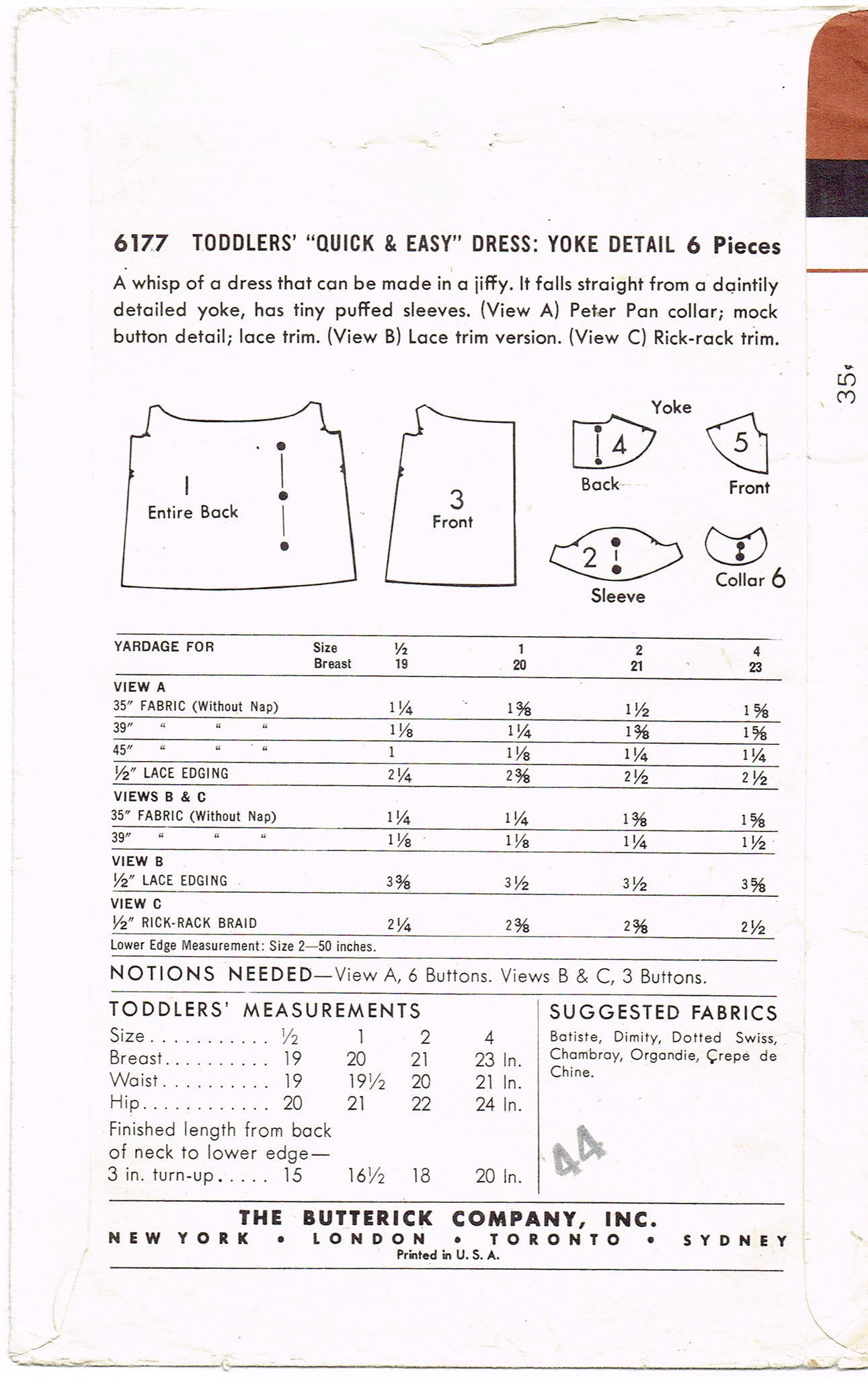 1950s Vintage Butterick Sewing Pattern 6177 Sweet Baby Girls Dress Sz4 ...