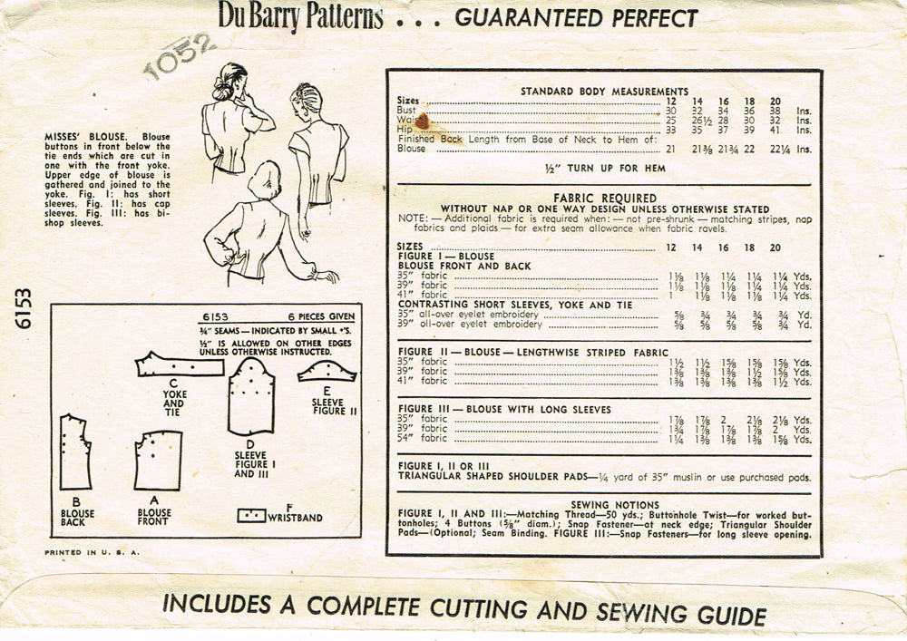 1940s Original Vintage Du Barry Pattern 6153 Misses WWII Blouse 32 B ...