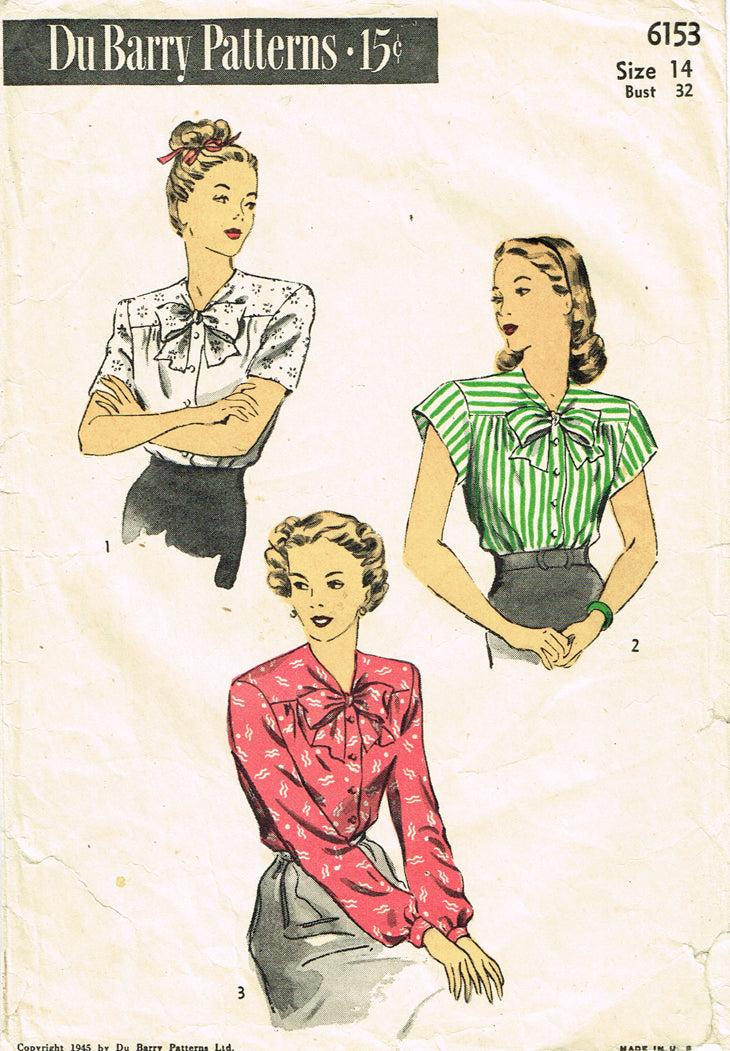 1940s Original Vintage Du Barry Pattern 6153 Misses WWII Blouse 32 B ...