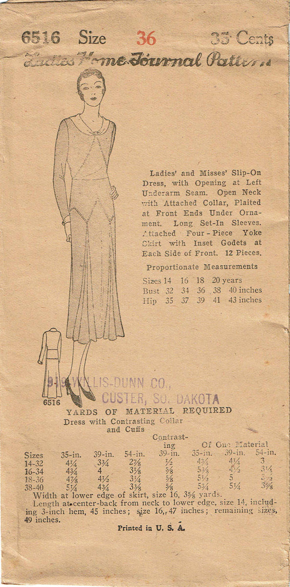 1930s VTG Ladies Home Journal Sewing Pattern 6516 FF Misses Dress 36B ...
