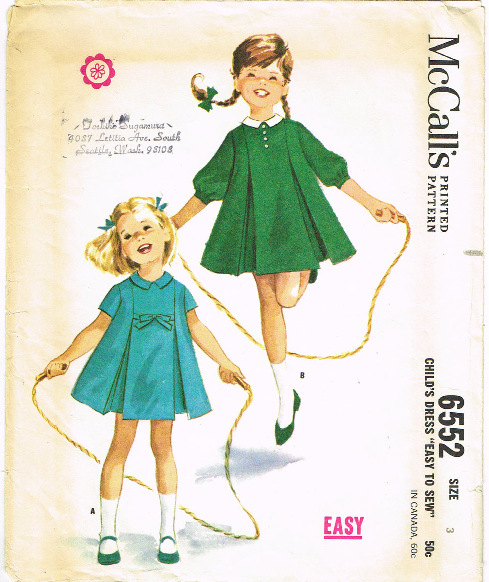 1960s VTG McCall's Sewing Pattern 6552 Toddler Girls Flared Dress Sz 3 ...