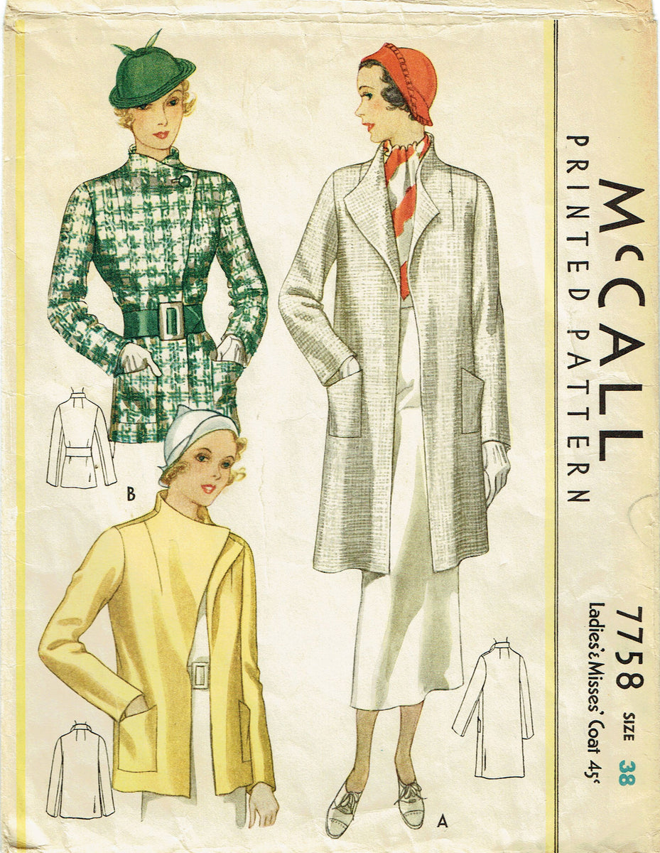McCall 7758: 1930s Uncut Misses Lean Coat Sz 38 Bust Vintage Pattern ...