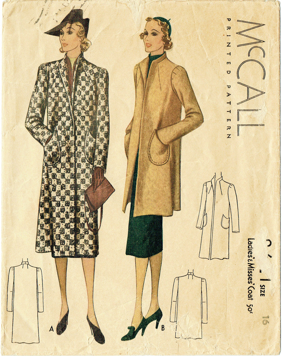 McCall Pattern 9621: 1930s Misses Long Lean Coat 34 B Vintage Pattern ...