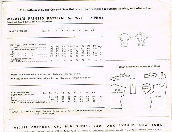 1950s Vintage McCalls Sewing Pattern 9771 Charming Misses Blouse 32 B ...