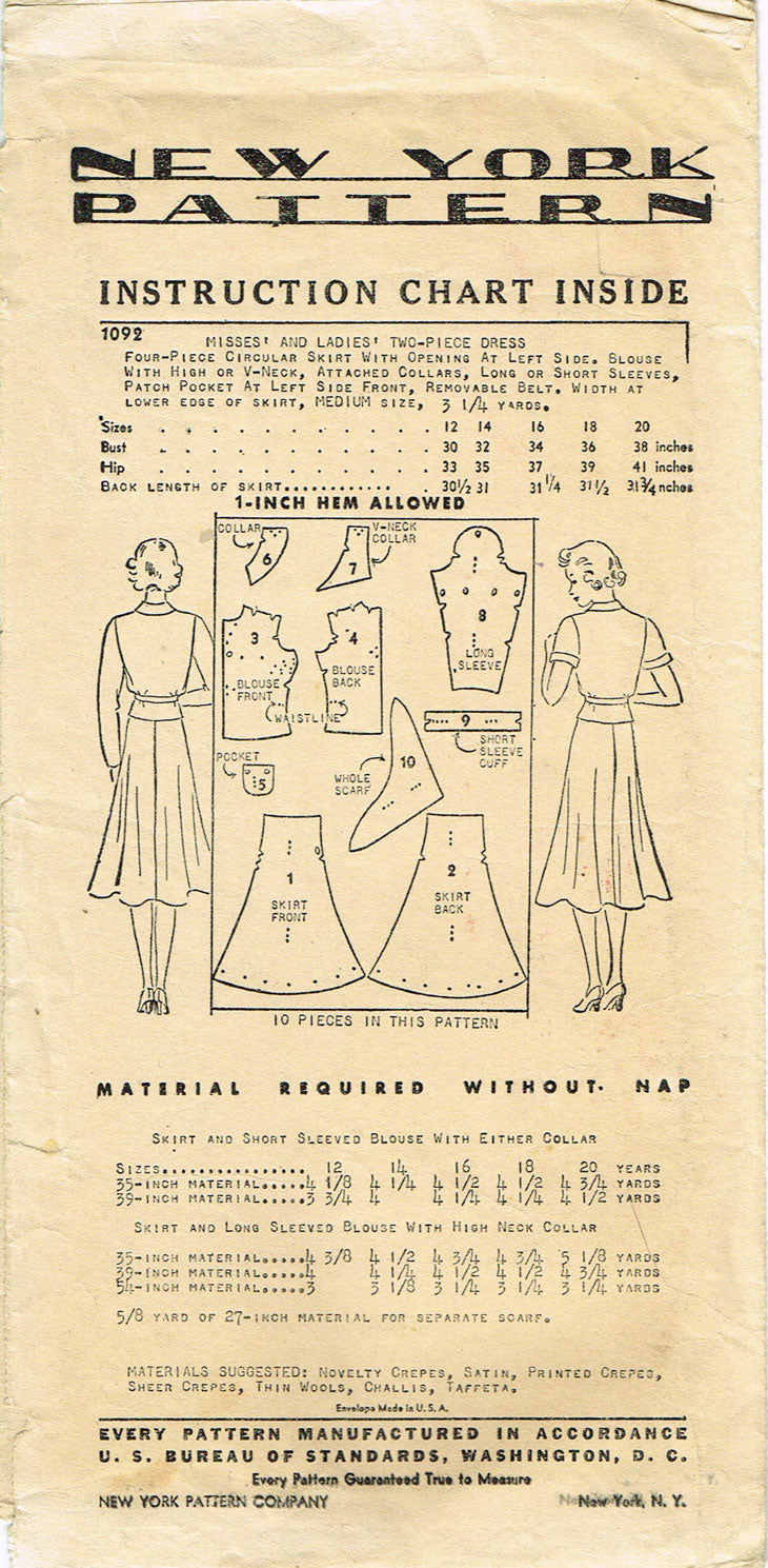 1930s Vintage New York Sewing Pattern 1092 Misses Two Piece Dress Size ...