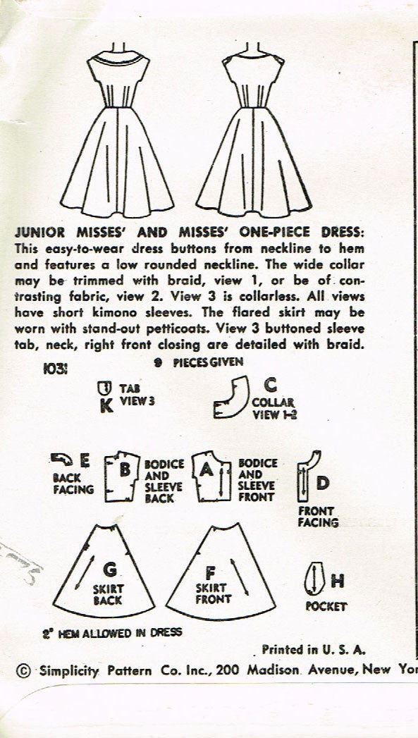 1950s Vintage Misses' Day Dress Uncut 1955 Simplicity Sewing Pattern 1 ...