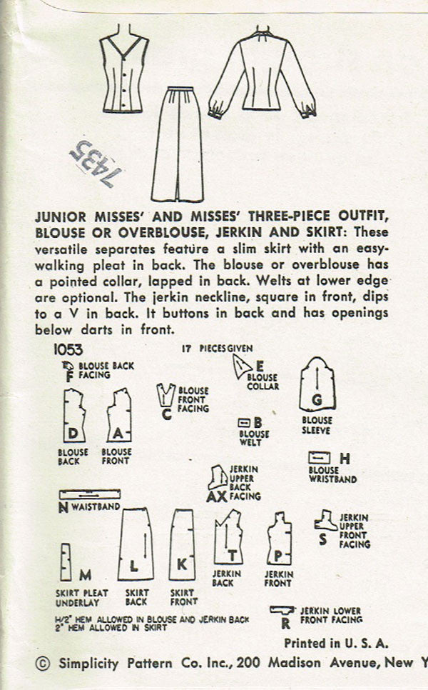 1950s Vintage Misses' Suit Uncut 1955 Simplicity Sewing Pattern 1053 S ...