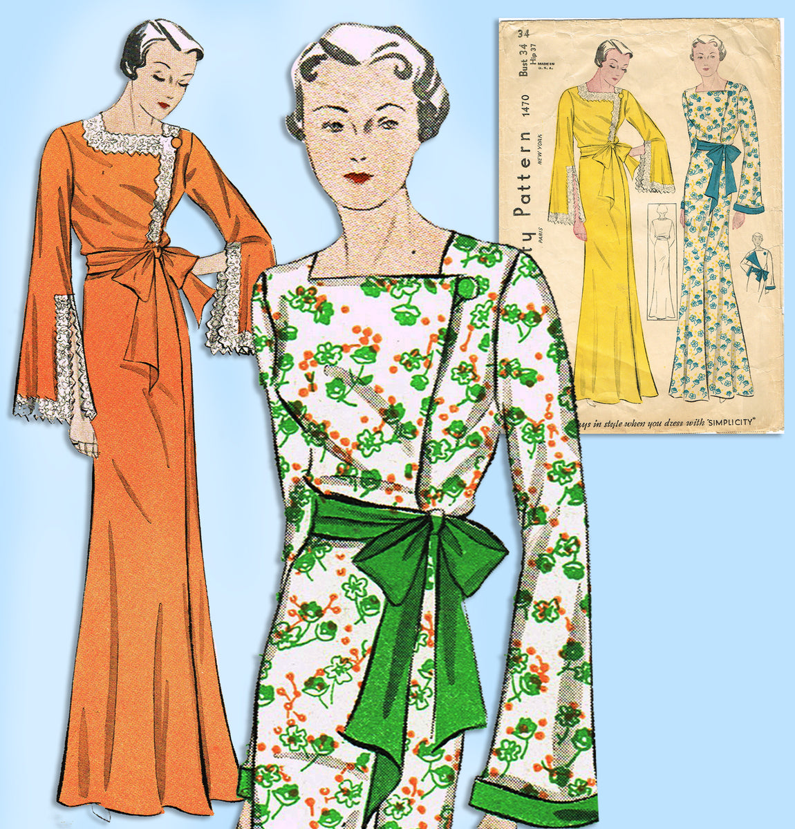 Simplicity 1470: 1930s Glamorous Misses Housecoat 34B Sewing Pattern ...