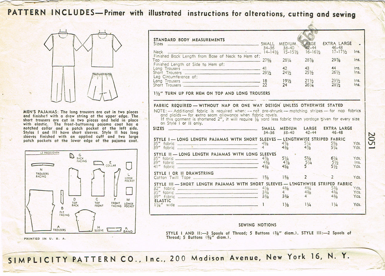 1940s Vintage Simplicity Sewing Pattern 2051 Men's Two Piece Pajamas S ...
