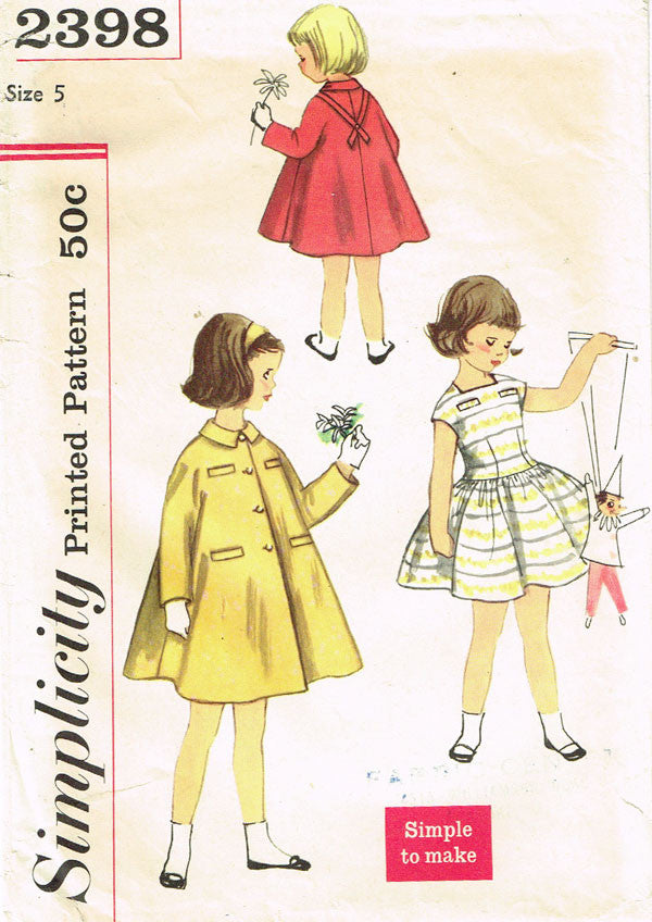 1950s Vintage Simplicity Sewing Pattern 2398 Toddler Girls Dress & Coa ...