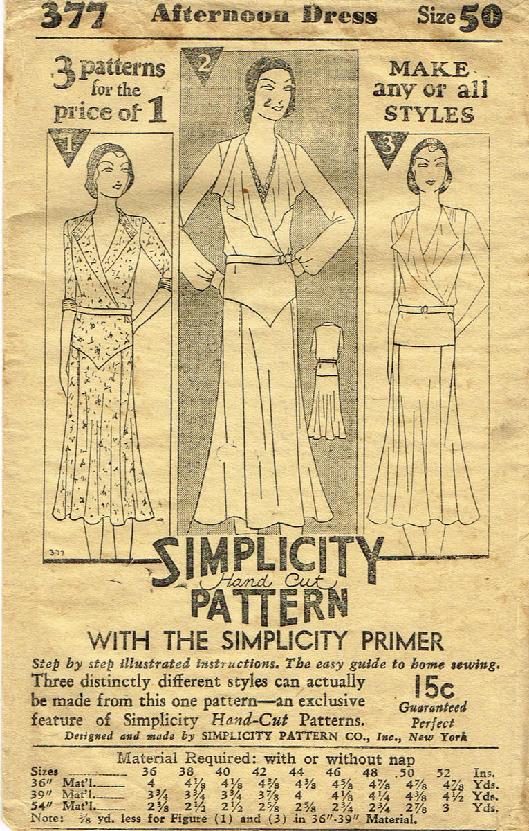 Simplicity 377: 1930s Plus Size Afternoon Dress 50 B Vintage Pattern ...