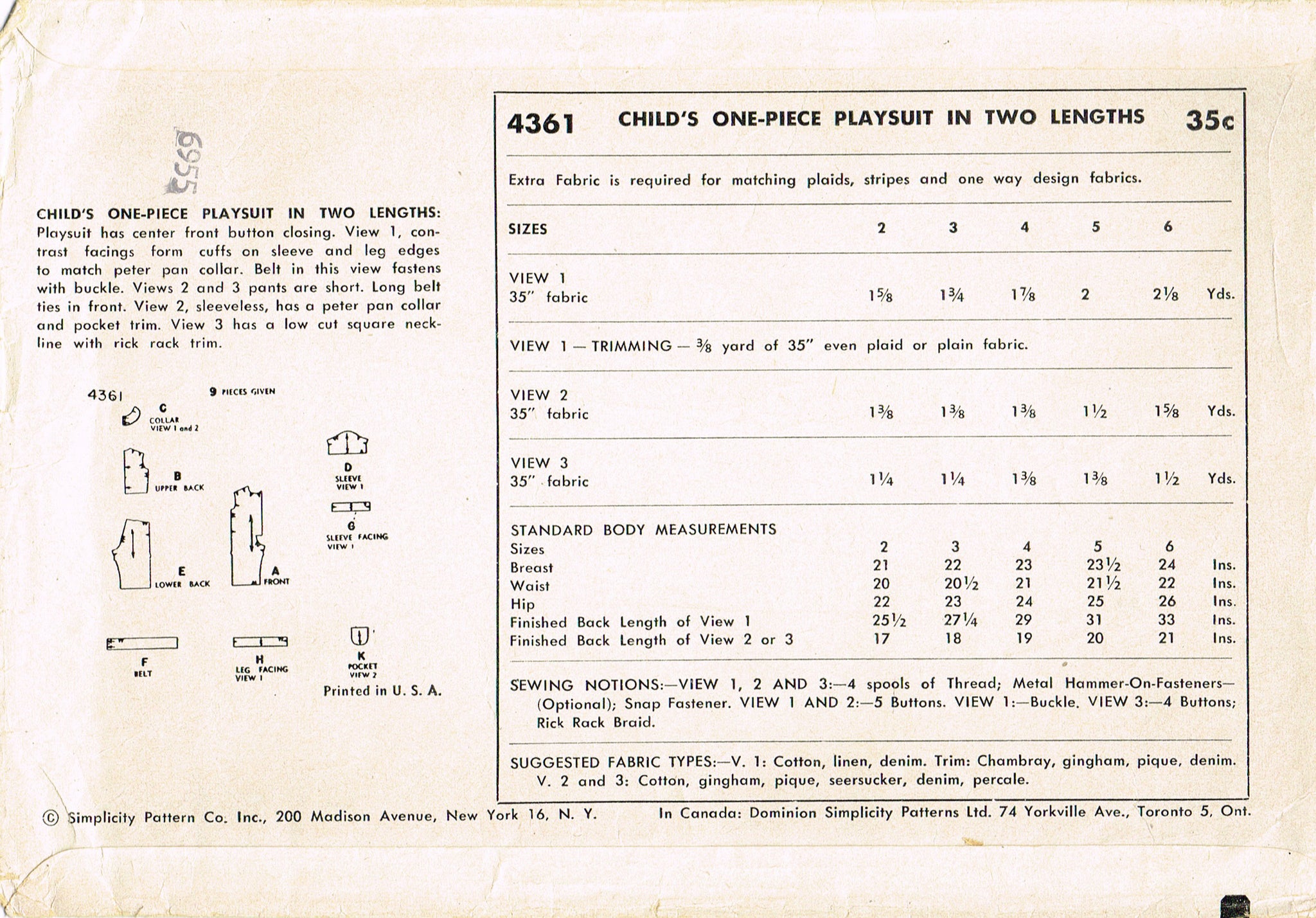 1950s Original Vintage Simplicity Pattern 4361 Toddlers Girls Playsuit ...