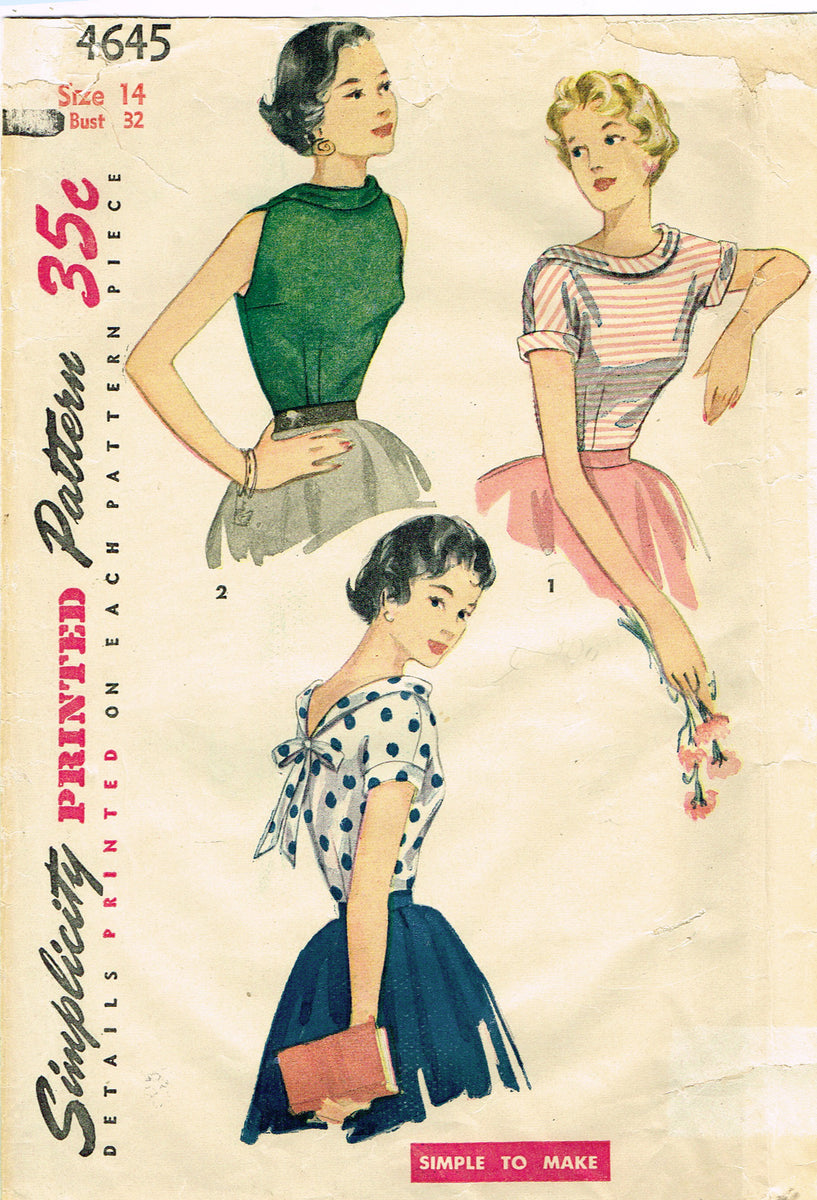 1950s Original Vintage Simplicity Pattern 4645 Easy Misses Blouse 32B ...