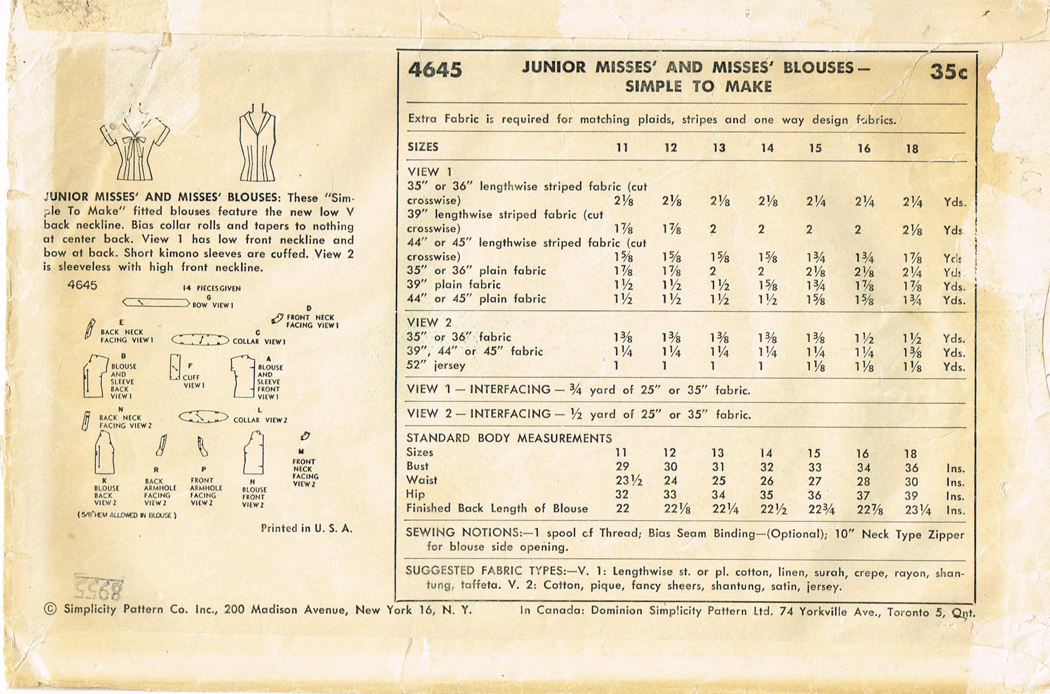 1950s Original Vintage Simplicity Pattern 4645 Easy Misses Blouse 32B ...