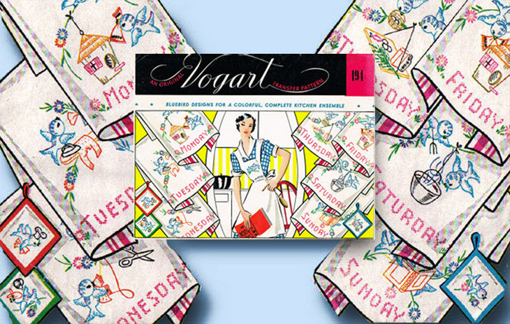 1950s Vogart Embroidery Transfer 194 Uncut Blue Bird DOW Tea Towels ...