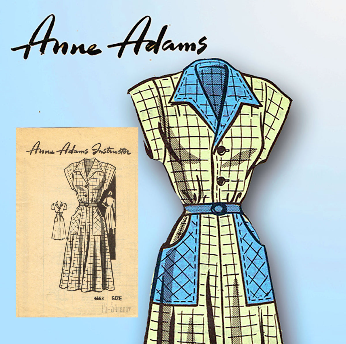 1940s Vintage Anne Adams Sewing Pattern 4653 Misses Shirtwaist Dress ...