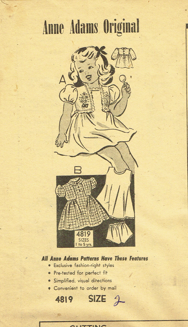 1940s Original Vintage Anne Adams Pattern 4819 Toddler Girls Dress Sz2 ...