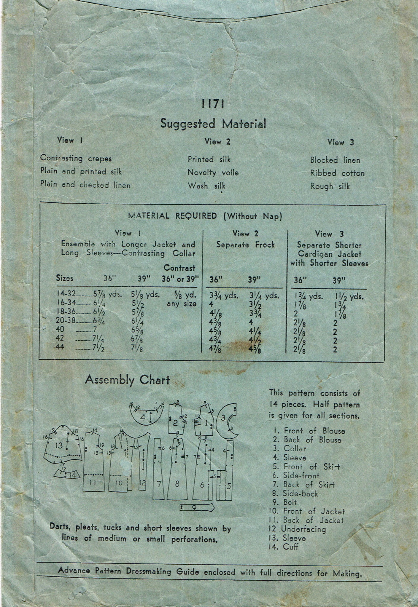 Advance 1171: 1930s Misses Dress & Jacket Size 32 Bust Vintage Sewing ...