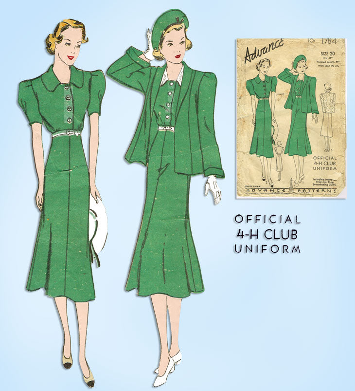 1930s Rare Vintage Advance Sewing Pattern 1784 4-H Uniform Dress 38 B ...