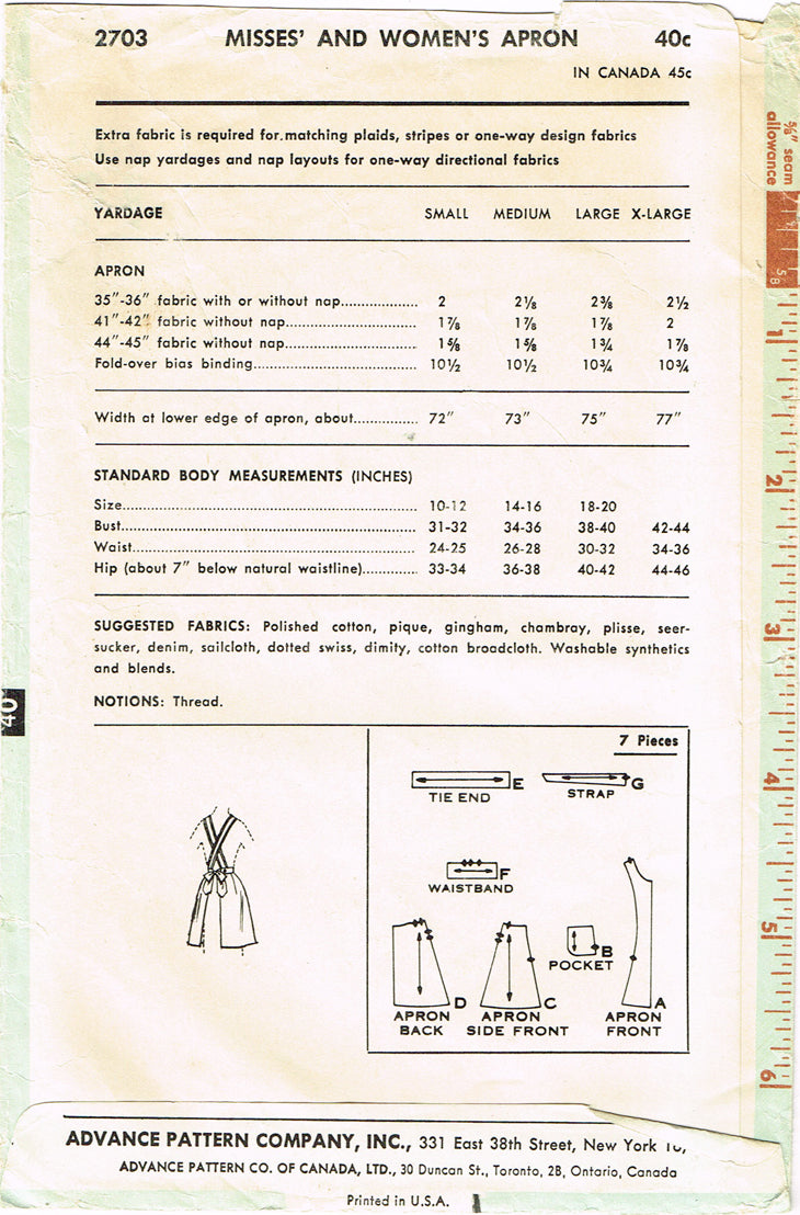 1960s Vintage Advance Sewing Pattern 2703 Misses Flared Apron Sz 38 B ...