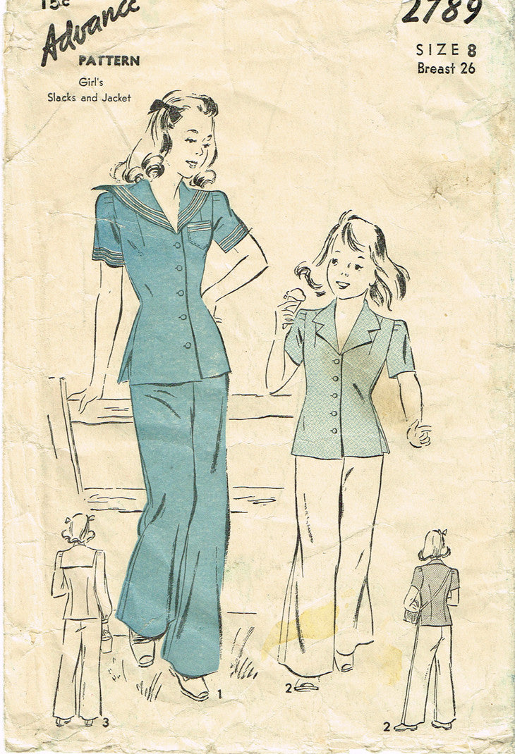 1940s Vintage Advance Sewing Pattern 2789 Little Girls Sailor Pants Su ...