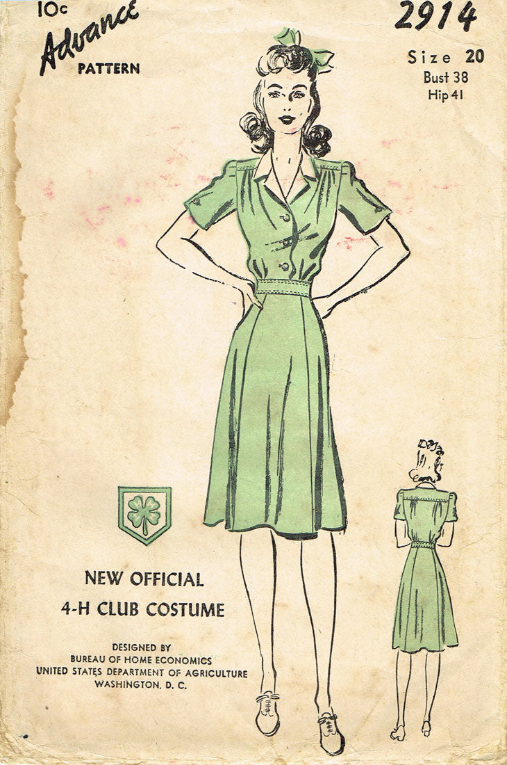 1940s Vintage Advance Sewing Pattern 2914 Womens 4-H Uniform Dress 38B ...