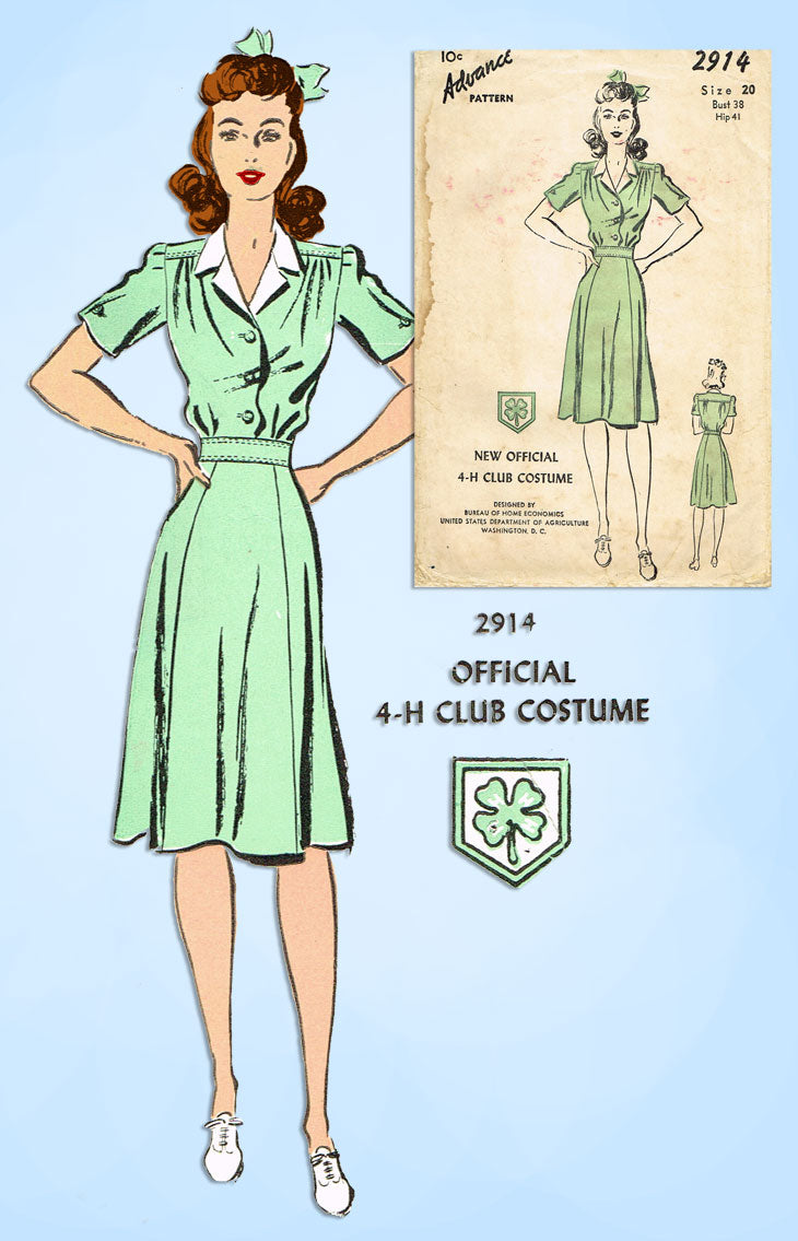 1940s Vintage Advance Sewing Pattern 2914 Womens 4-H Uniform Dress 38B ...